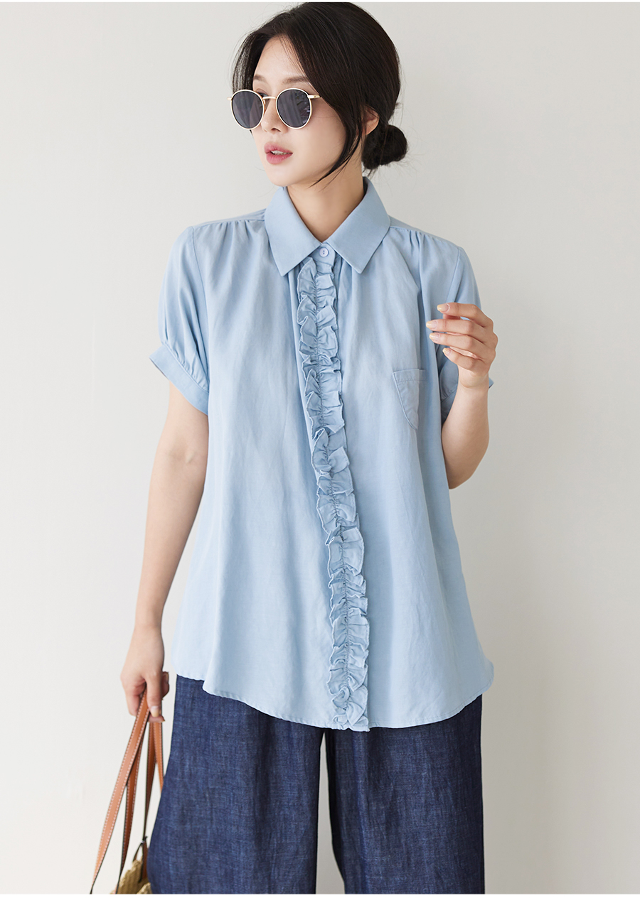 Q01 러플 셔링 린넨 블라우스- 이랜드몰